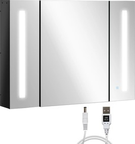 kleankin Koupelnová zrcadlová skříňka na stěnu z MDF se 3 skříňkami, 3 policemi a LED světlem, 90x15x65 cm, černá