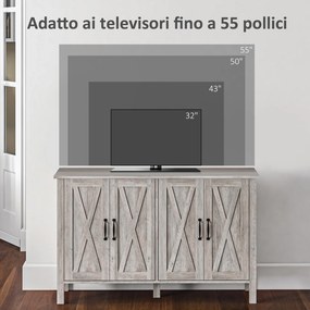 HOMCOM Nízká Skříň v Rustikálním Stylu s 2 Nastavitelnými Policemi, TV Bufet pro TV do 55 palců s 4 Dřevěnými Dvermi, 120x37x75 cm, Šedá