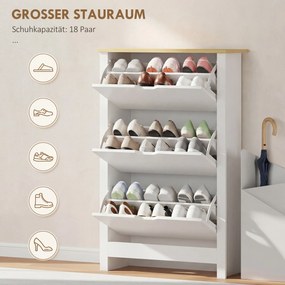 HOMCOM skříňka na boty výklopný botník 3 klapky na 18 párů bot prostorově úsporná v bílé a přírodní barvě 72 x 26 x 112 cm do předsíně a vstupních pr…