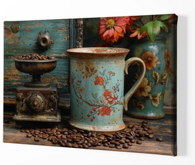 Obraz na plátně - Káva, květinový hrnek FeelHappy.cz Velikost obrazu: 180 x 120 cm