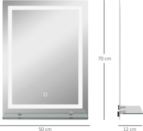 kleankin LED koupelnové zrcadlo, stmívatelné, proti páře, dotykový vypínač, polička, 50 x 70 cm, Stříbrná