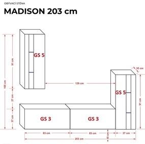Ral Obývací stěna MADISON 203 cm - Černý lesk