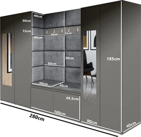 Eka Předsíňová stěna s čalouněnými panely Trinity 10 - Dub Artisan s černou / Tmavá modrá 2331