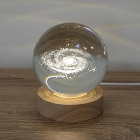 Skleněná LED koule na dřevěném podstavci GALAXIE