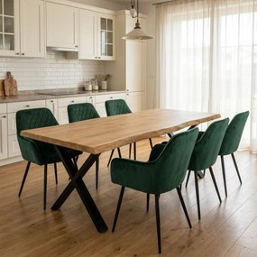 Vikio Jídelní set pro 6 osob 180x90 cm soft dub noha X zelená židle s područkami VJS228-6Z