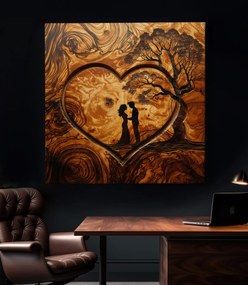 Obraz na plátně - Milenci v srdci a strom života, dřevo styl FeelHappy.cz Velikost obrazu: 80 x 80 cm