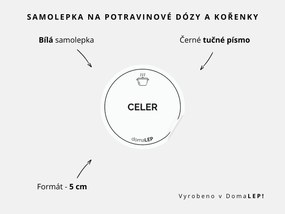 CELER - omyvatelná samolepka na kořenky, výběr rozměrů Ø 5 cm / 5 x 5 cm / 6 x 8 cm | DomaLEP tvar: KOLEČKO, barva: BÍLÁ - ČERNÉ písmo, velikost: Ø 5 cm - tučné písmo
