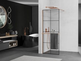 Mexen Kioto+, sprchová zástěna Walk-In s poličkou a věšákem 70 x 200 cm, 8mm čiré sklo černý vzor, ​​měděný matný profil, 800-070-121-65-77