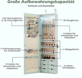 Costway Šperkovnice s LED Uzamykatelná nástěnná/dveřní šperkovnice se zrcadlem