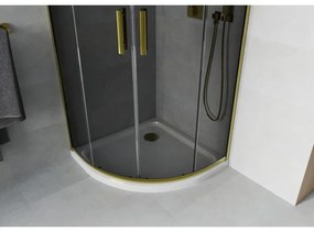 Mexen Rio, čtvrtkruhový sprchový kout s posuvnými dveřmi 80 (dveře) x 80 (dveře) x 190 cm, 5mm šedé sklo, zlatý profil + bílá sprchová vanička SLIM, 863-080-080-50-40-4110G