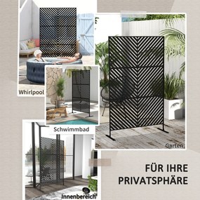 Zahradní paraván Outsunny s podstavcem, 122 x 198 cm s trojúhelníkovým vzorem, dělící zeď na balkon nebo terasu, ocel, černá