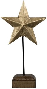 Dekorace zlatá antik kovová hvězda na dřevěném podstavci - 29*11*45cm
