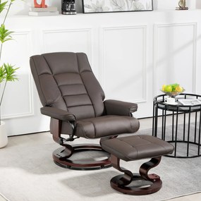 Křeslo HOMCOM s podnožkou, otáčecí TV křeslo s funkcí recliner, dřevěný rám, nosnost do 150 kg, pro obývací pokoj, umělá kůže, hnědá