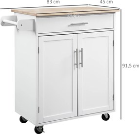 HOMCOM Kuchyňský vozík na kolečkách, servírovací vozík, kuchyňský ostrov s zásuvkou, skříňkou a držákem na utěrky - 83D x 45Š x 91,5V cm Bílý