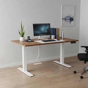 Výškově nastavitelný stůl OfficeTech D, 140 x 80 cm, bílá podnož, dub silverjack