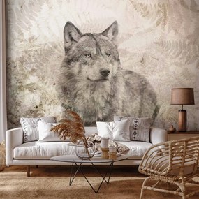 Fototapeta Skogens rovdjur - komposition med en varg och ormbunksblad