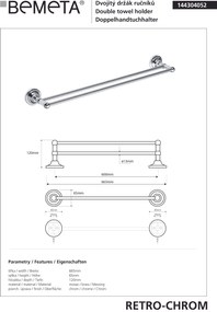 Bemeta Design RETRO chrom: Držák ručníků, 600 mm, dvojitý -