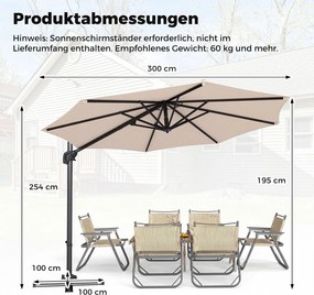 Costway Konzolový slunečník Ø 300 cm 360° Otočný klikou a pedálem, béžový
