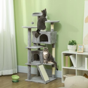 PawHut Kočičí škrabadlo výška 138 cm, strom pro kočky s sisalovými škrabacími sloupy, platformami, úkryty, zavěšenými míčky a hamakem, světle šedé