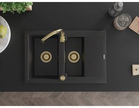 Mexen Gaspar, granitový dřez 737x475x177 mm, 1,5-komorový, černá-stříbrná metalíza se zlatým sifonem, 6507731505-73-G