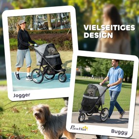 PawHut kočárek pro psy a jogger pro malé psy a kočky do 10 kg se 3 velkými gumovými koly, síťovanými okny a bezpečnostními pásy, Šedá