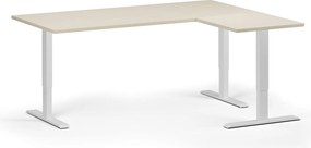 Rohový výškově nastavitelný stůl, 180x140 cm, 3 motory, L/P, bílá podnož, bříza