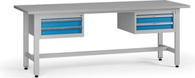 Výškově nastavitelný dílenský stůl G5, 2100 x 750 x 800-1000 mm, 2x kontejner, 4 zásuvky, modrá