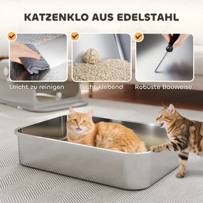 XXL nerezový zásobník na stelivo s výklopným víkem, zásobník na stelivo s lopatkou, pro velké kočky do 12 kg, snadno se čistí