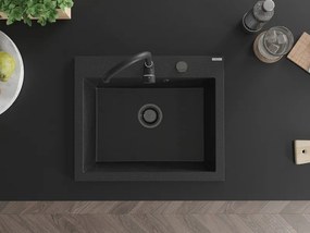 Mexen Elix, 1-komorový granitový dřez 600 x 500 mm, černá/stříbrná metalíza, černý sifon - 6525601005-73-B