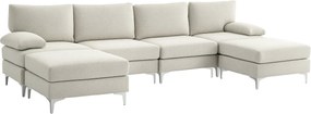 HOMCOM 4-místná modulární pohovka se 2 taburety a polštáři na opěradla a ruce, chaise sofa v žinylkovém materiálu, 313x149x88 cm, krémová bílá | Aosom
