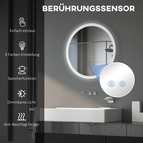 kleankin LED koupelnové zrcadlo, nastavitelná jasnost, odmlžování, dotyk, IP44, kov/sklo, Ø60 cm, bílá/stříbrná