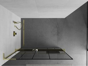 Mexen Kioto+ L, sprchová zástěna Walk-In s poličkou a věšákem 100 x 200 cm, 8mm čiré sklo černý vzor, ​​zlatý lesklý profil, 800-100-123-50-78