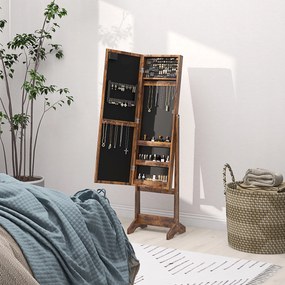 HOMCOM šperkovnice s nastavitelným zrcadlem a LED osvětlením, 36x30x136 cm, rustikálně hnědá