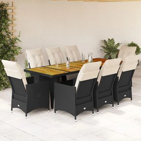 9dílný zahradní bistro set s poduškami černý polyratan 3277255