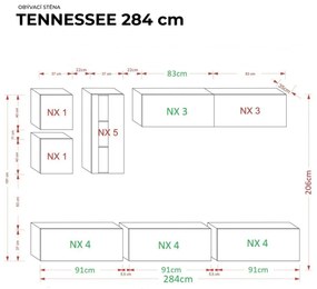 Ral Obývací stěna TENNESSEE 6, 284 cm - Bílo/černý lesk