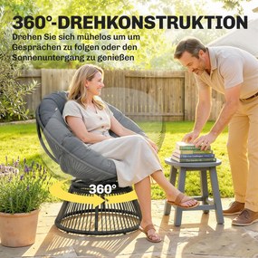 Křeslo Papasan 360° otočné proutěné křeslo s polštářem ocelový rám kulaté ratanové křeslo lounge křeslo šedé