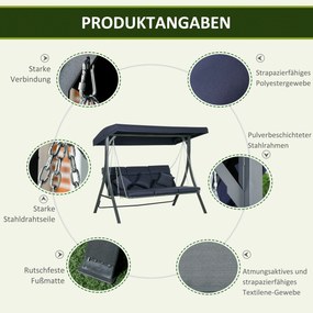 Outsunny 3-místná hollywoodská houpačka, houpačka s nastavitelnou sluneční clonu, zahradní houpačka s polštáři, nosnost až 270 kg, kovová, textilní, …
