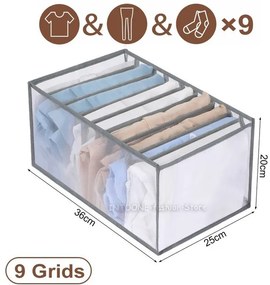 Šatní organizér transparentní (20x25x36 cm) Barva: Šedá, Velikost: 9 přihrádek