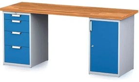 Alfa 3 Dílenský stůl MECHANIC I se zásuvkovým boxem a skříňkou na nářadí místo nohou, 4 zásuvky, 2000 x 700 x 880 mm, modré dveře
