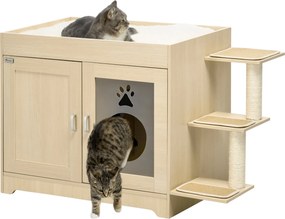 PawHut Kočičí Záchod s Nábytkem s 2 Dveřmi a Měkkým Polštářem – Kočičí Kavalec s 3 Platformami a Sisalovými Sloupky 107x54x70 cm Dub | Aosom