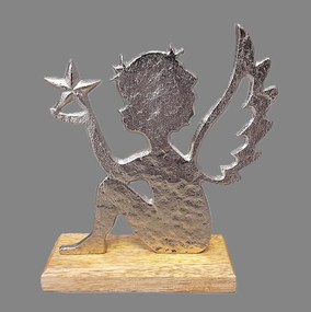 PRODEX IMPORT Stříbrný anděl sedící na dřevěném podstavci 16x13 cm
