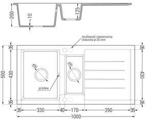 Mexen Andres, granitový dřez 1000x500x200 mm, 1,5-komorový a dřezová baterie Carla, černá-stříbrná metalíza, 6515-73-670700-00