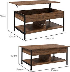 HOMCOM Konferenční stolek s výklopným víkem - Dolní police, úložný box - rozměr 100L x 80W x 60H cm - rustikální černý dřevěný vzhled