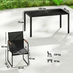 Sada zahradního nábytku Sedací souprava 150 x 80 cm Skleněný stůl se 6 prodyšnými židlemi Ozdobné područky Černá barva