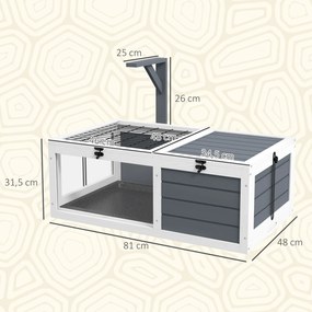 Želví domeček, box pro plazy se 2 místnostmi, víko, plastové misky, okno, dřevo, šedá barva