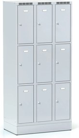 Šatní skříňka S6 s úložnými boxy na soklu, 9 boxů, 1920 x 900 x 500 mm, otočný zámek, šedé dveře
