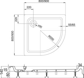 Mereo Mereo, Čtvrtkruhová sprchová vanička, R550, SMC, bílá včetně nožiček a sifonu o 90 mm., CV01H