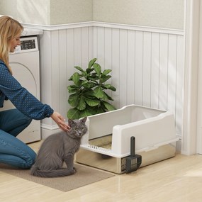 PawHut XXL Voděodolná toaleta pro kočky, kočičí toaleta s vyššími stěnami, nerezový zásobník a lopatka, kočičí toaleta v ABS, 71x50.8x35.5 cm, Bílá