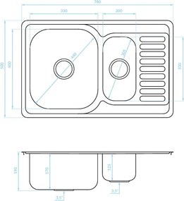 Kuchinox Junak, 1.5-komorový nerezový dřez 780x500x190 mm s odkapávačem, hladký povrch, ocelová, LAV-SQA_033T