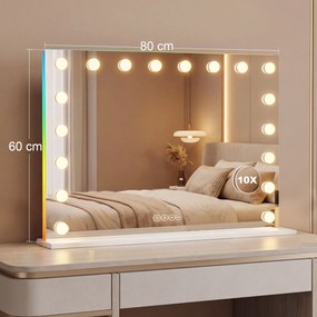 HOMCOM Hollywood make-up zrcadlo s 18 stmívatelnými LED lampami, 3 barvy, RGB světlo, Bluetooth reproduktor, 10x zvětšení, bílé